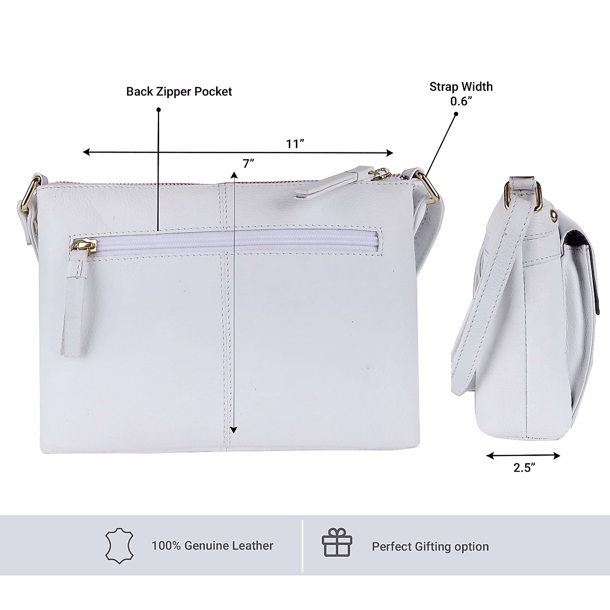 LEDERBUCK Lucy Small Soft Leather Sling Crossbody Handbags- Double Zip Premium Sling Crossover Shoulder Bag for Women (White)