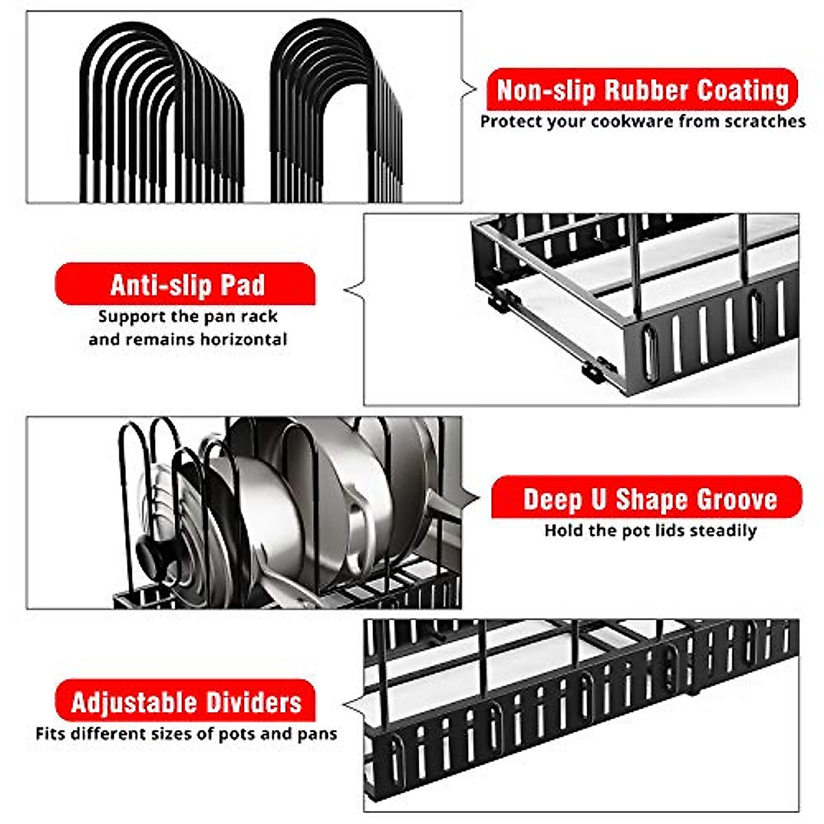 GeekDigg Pot Organizer Rack for Cabinet, Adjustable and Expandable 8+ Pans Pots Lid Organizer Rack Holder, Cabinet Pantry Countertop Bakeware Organizer
