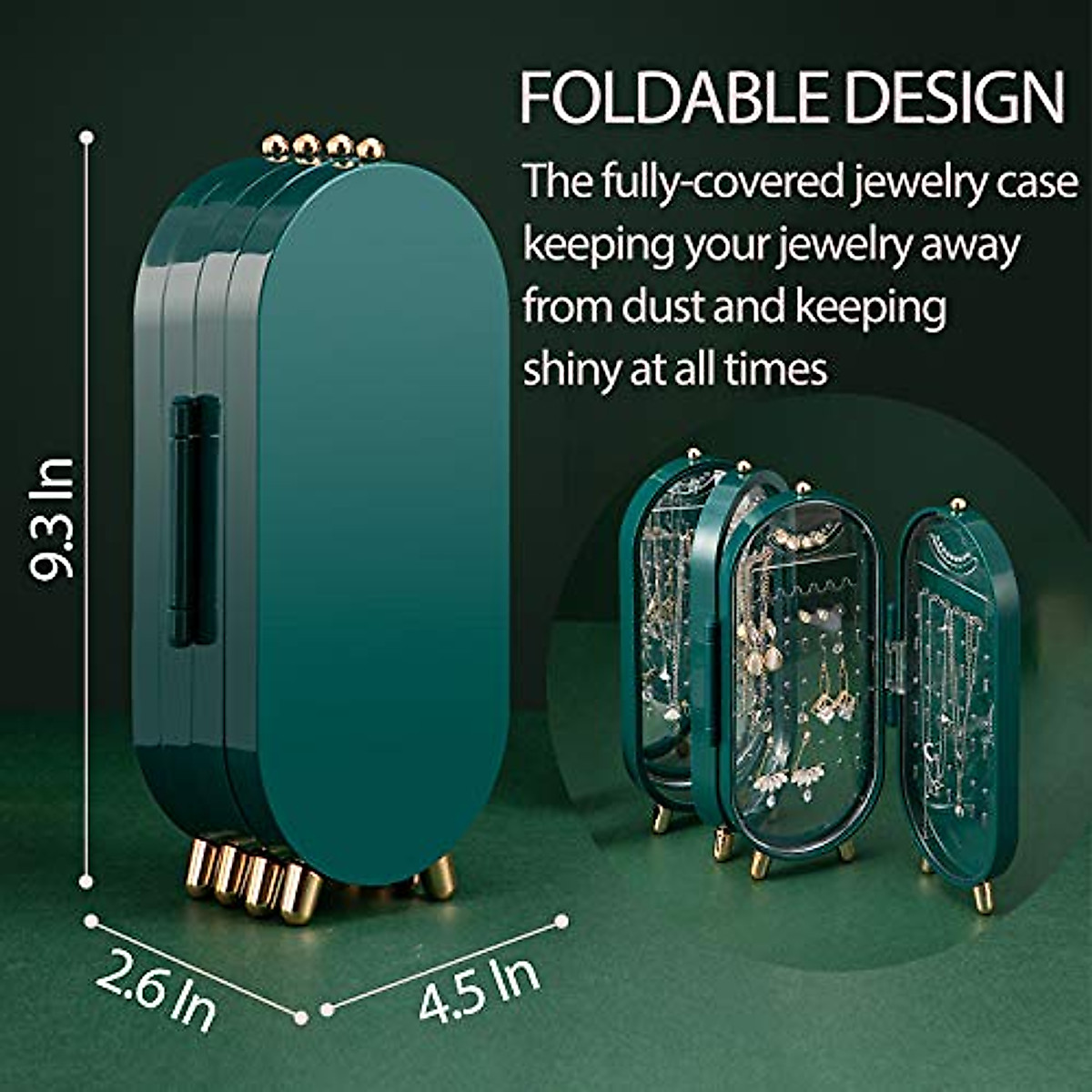 Collapsible Earring Holder Jewelry Organizer Box with Mirror, Earring Necklace Jewelry Box Organizer Necklace Holder for for Women and Girls, Small Jewelry Organizer Box, Gifts for Girl (Green)