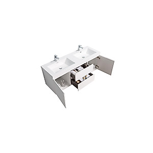 OMGO 60'' Wall Mounted Double Bathroom Vanity with White Solid Surface Sink, Modern Wood Cabinet Basin Vessel Set w/Two Drawers and 2 Storage, H90 Hanging System, Easy Installation