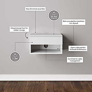 Nathan James Jackson Modern Floating Bedside Nightstand with Drawer, 1, White