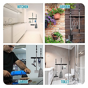 COOKCUTE Broom Holder Wall Mount, 5 Slots 4 Hooks Black Stainless Steel Broom Organizer Wall Mount Mop and Broom Holder Wall Mounted Heavy Duty, Broom Hanger Self Adhesive, Mop Holder Garage Shelving