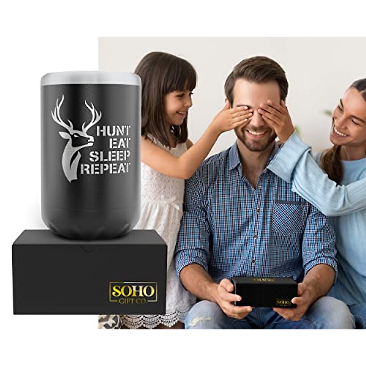 SoHo Can Cooler Gift for Men Hunting Lovers, Insulated for 12oz Standard Beer or Soda Can, Tumbler for Christmas 2022 / Birthday Gifts " Hunt Eat Sleep Repeat" (Gift Boxed)