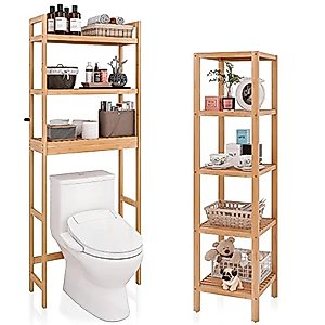 SMIBUY Bamboo Bathroom Over-The-Toilet Storage Shelf with 3-Tier Adjustable Shelves and 5-Tier Bamboo Rack Organizer Unit for Living Room Bedroom Kitchen (Natural)