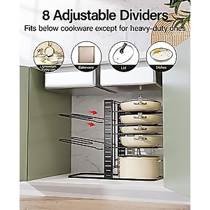 Pantasia Pots and Pans Organizer - [Truly Balanced, 8-Tier Adjustable] Pots and Pans Rack Organizer for Cabinet, Frying pan, Bakeware, Lid, Dishes, Kitchen Organizers and Storage