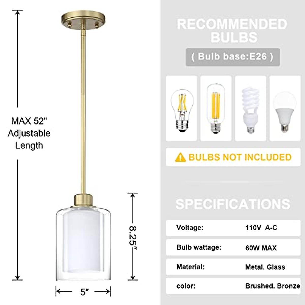 Dolaimi House 3 Pack 1 Light Indoor Hanging Kitchen Island Pendant Light 5" Clear Frosted Glass Chandelier Shade Fixture,Brushed Bronze Finish for Bar,Dining Room Over Sink