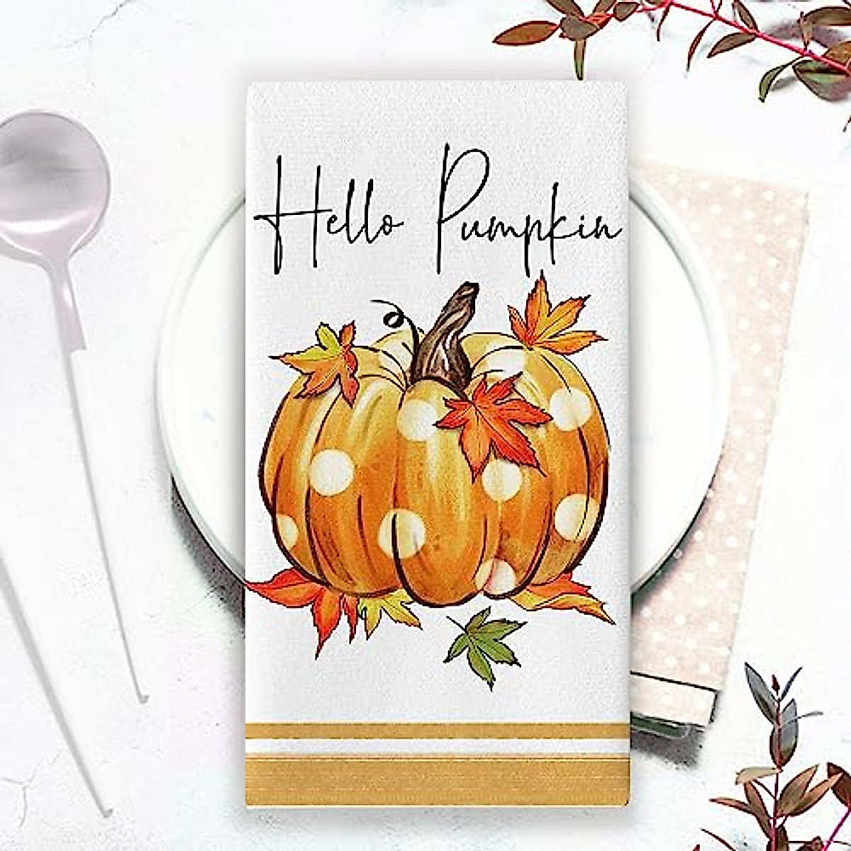 Seliem Fall Hello Pumpkin Patch Kitchen Dish Towels Set of 2, Autumn Maple Leaves Hand Towels Buffalo Plaid Check Drying Baking Cooking Cloth, Farmhouse Thanksgiving Home Kitchen Decor 18x26 Inch