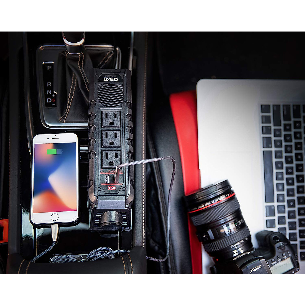 BYGD 150W Car Power Inverter for Vehicles, DC 12V to 110V AC Car Plug Adapter Outlet Converter with 1 Cigarette Lighter Socket, 3 AC Outlets, Dual 4.8A Fast Charging USB Ports for Digital Devices