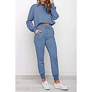 ZESICA Women's Long Sleeve Crop Top and Pants Pajama Sets 2 Piece Jogger Long Sleepwear Loungewear Pjs Sets,Blue,Large