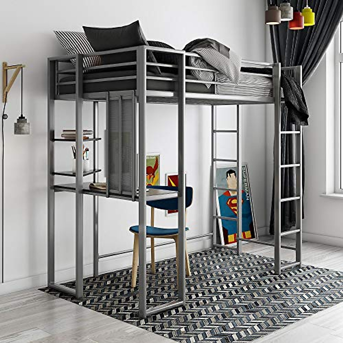 DHP Abode Twin Size Metal Loft Bed, Black & Abode Twin Size Metal Loft Bed, Silver