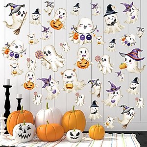 Sabary 6 Sheet/ 36 Pcs Halloween Ghost Decals Halloween Ghost Wall Decals Halloween Wall Clings Stickers Removable Peel and Stick Ghost Decals for Bathroom Wall Door Clings Party Decor