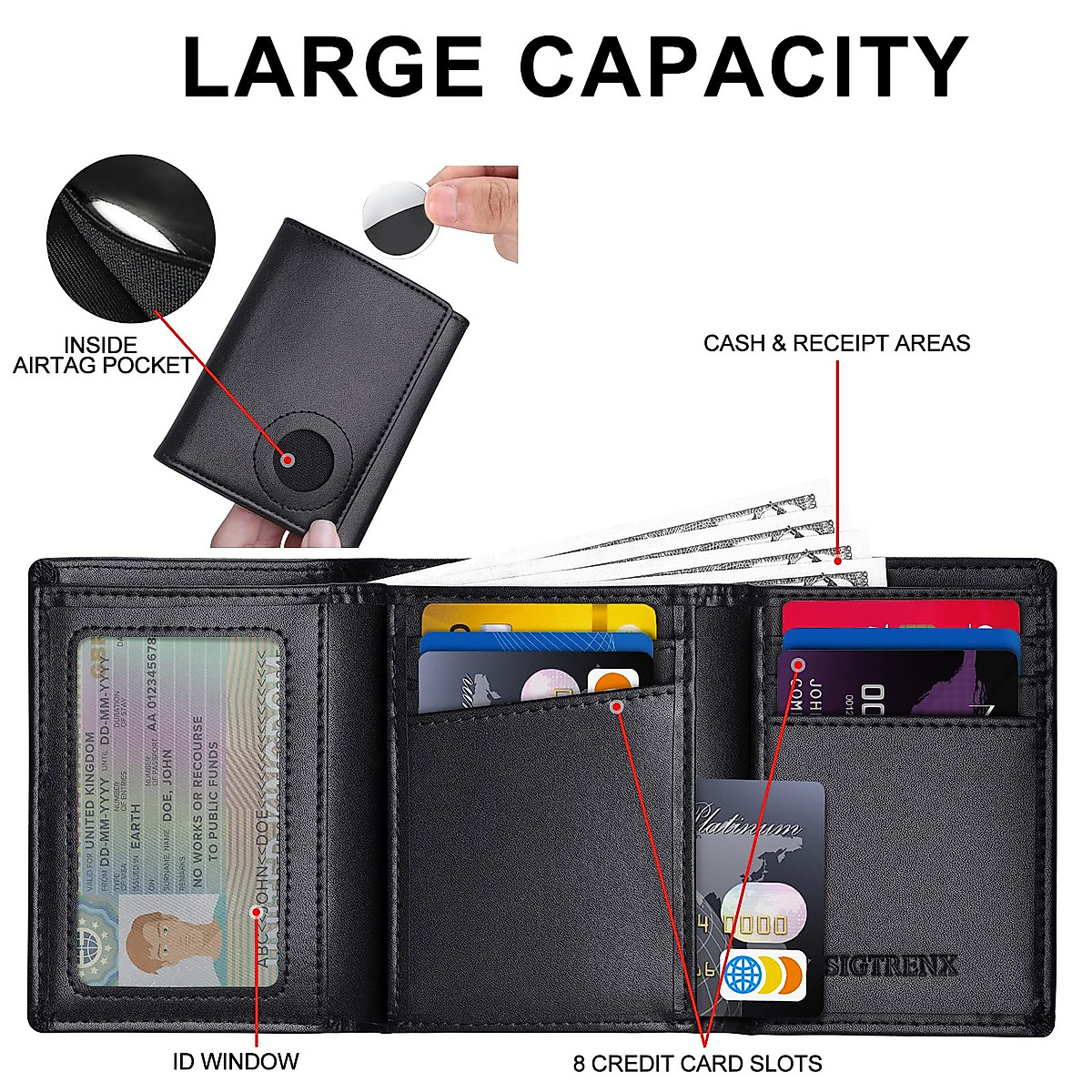 Sigtrenx Men Wallet for Airtag, Trifold Leather Wallet Holder for Air Tag, Rfid Blocking Wallets Compatible with Apple AirTag