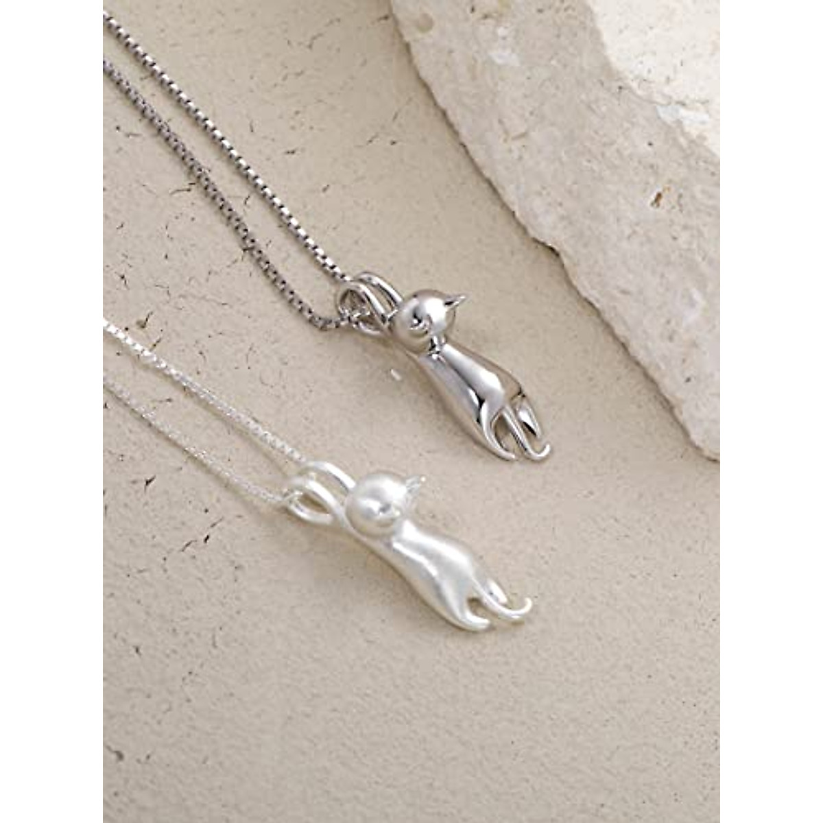S.Leaf S925 Sterling Silver Cat Necklace Polish Mirror Silver Cat Pendant Collarbone Necklace