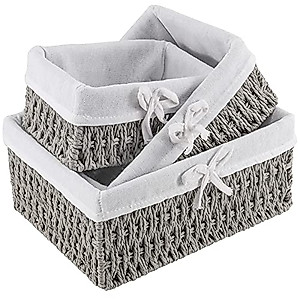 SHEUTSAN Set of 3 Gray Wicker Woven Basket, Handmade Wicker Storage Baskets with Removable Liner, Decorative Wicker Baskets for Organizing and Storing, 3 Size