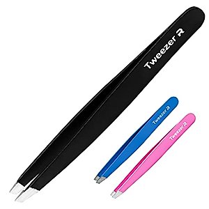 RUBEXX Precision Eyebrow Tweezers for Women Men Professional Stainless Steel Slant Tip Tweezers for Plucking Chin Facial Ingrown Hair Removal Anti Slip