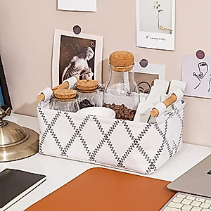 LUFOFOX Decorative Collapsible Rectangular Fabric Storage Bin Organizer Basket with Wooden Handles for Clothes Storage, 11"×7.1"×3.9", White