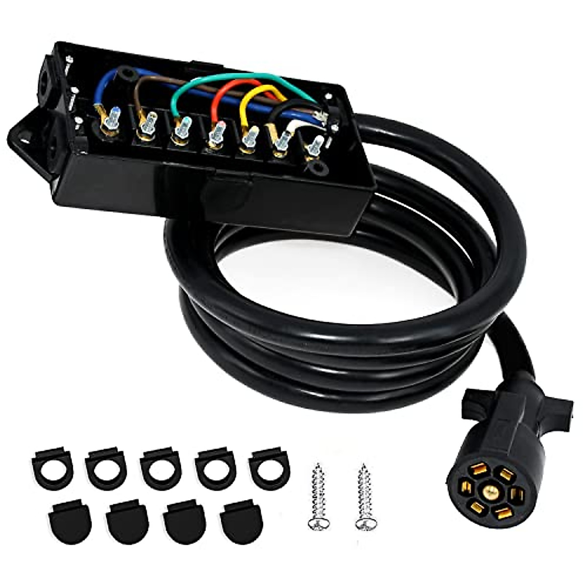 Miady Heavy Duty 7 Way Plug Inline Trailer Cord with 7 Gang Junction Box - 8 Feet, Trailer Plug with Weatherproof Junction Box