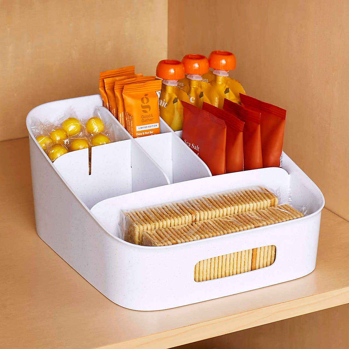 YouCopia ShelfBin Tiered Packet & Snack Bin Organizer for Kitchen Cabinet Pantry, Small, White