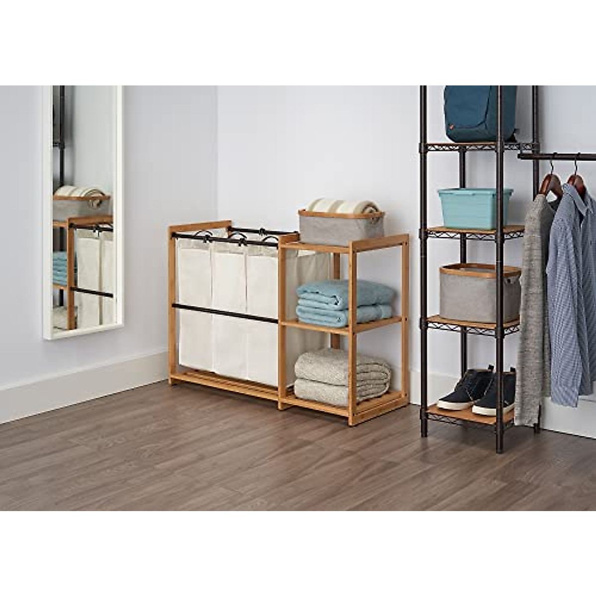 TRINITY EcoStorage 3-Bag Bamboo Laundry Station, Laundry-Room Organization and Dirty Clothes Hamper with 3 Shelves for Bedroom, Closet, Dorm Room and More, Bronze Poles