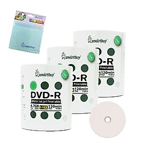Smartbuy 300-disc 4.7GB/120min 16x DVD-R White Inkjet Hub Printable Blank Media Disc + Free Micro Fiber Cloth