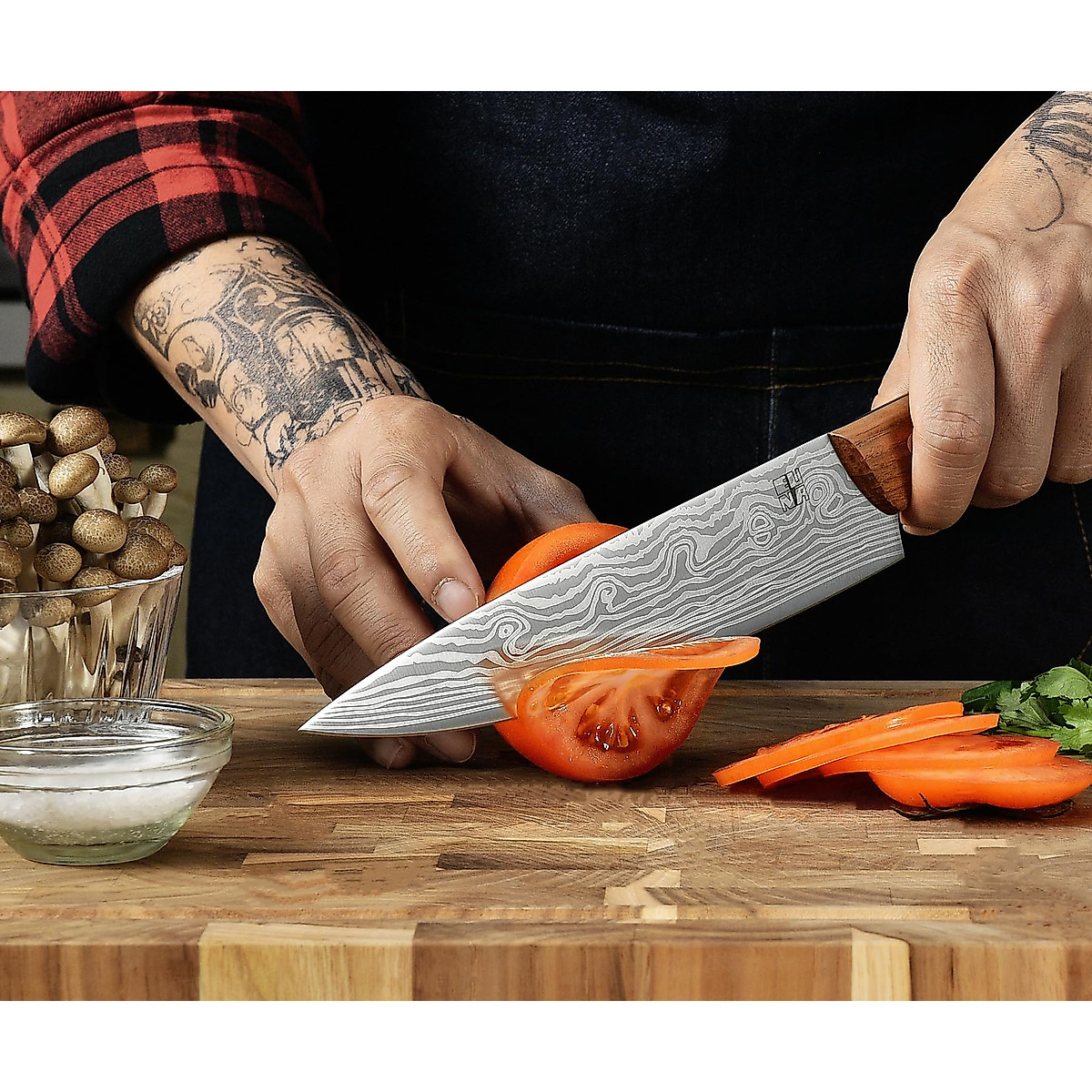 Knife Set, 7 Pieces Knife Block Set, EUNA Kitchen Knife Set with Wooden Handle, Japanese Stainless Steel Chef Knife Set Professional Cooking Knives, Silver