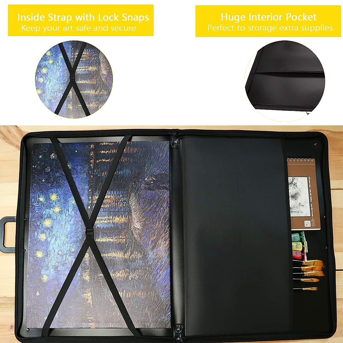 VACA KEY Art Portfolio Case PVC Storage Bag with Carrying Shoulder Strap and Zipper Artist Pocket Artwork Waterproof Sketch Drawing (28 x 20.5 Inch）