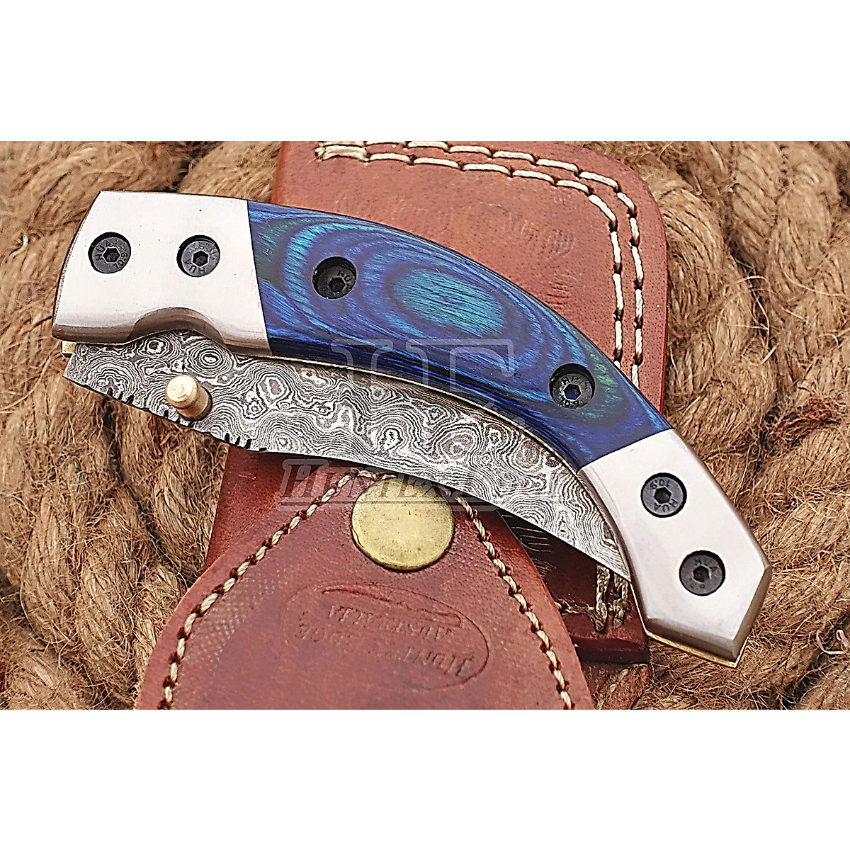 HUNTEX Handmade Hand-Forged Rain Drop Pattern Damascus Steel 4 Inch Long Pakka Wood Handle Razor Sharp Hunting Camping Trailing Pocket Knife w/Pocket Clip & Genuine Leather Pouch
