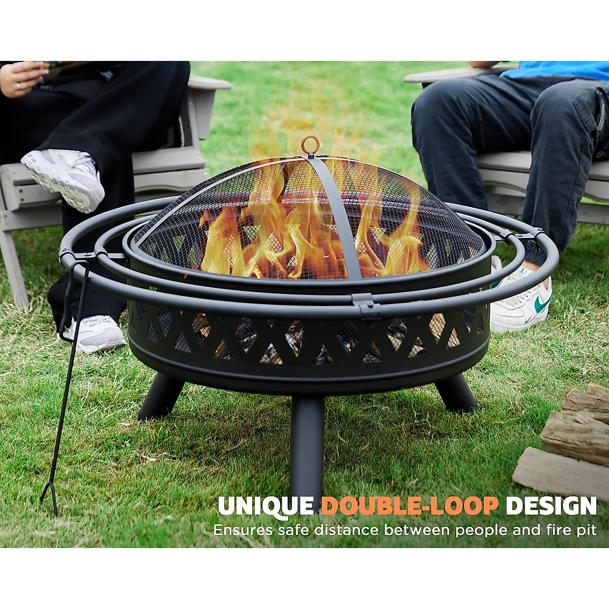fissfire 35 Inch Fire Pit, Outdoor Wood Burning Fire Pit Crossweave with Spark Screen Fire Poker with 2 Loops, for Backyard Patio Garden Bonfire, Black