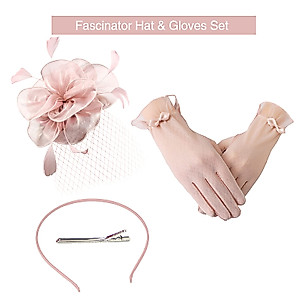 Ibeauti Fascinator Hats with Screentouch Lace Gloves Set for Women Tea Party Cocktail Wedding Derby Headwear Short Gloves (04 Pink)
