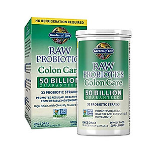 Garden of Life RAW Probiotics Colon Care Shelf Stable - 50 Billion CFU Guaranteed Through Expiration - Once Daily - Certified Non-GMO & Gluten Free - No Refrigeration, 30 Vegetarian Capsules