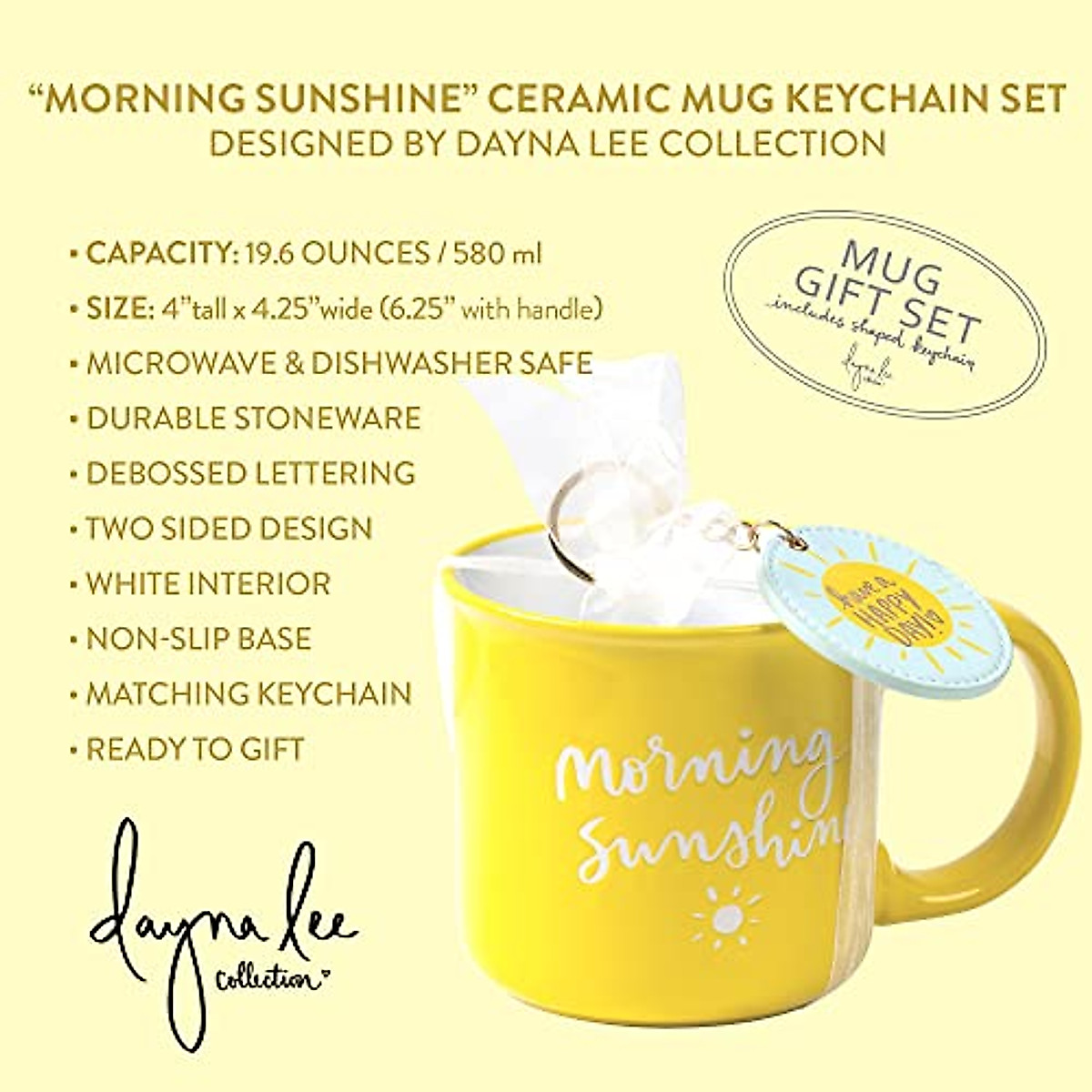 Eccolo Ceramic Coffee Mug and Keychain Charm, Large Tea Mug, Dishwasher/Microwave Safe - “Morning Sunshine”, Keychain and Stoneware Coffee Mug Set by Dayna Lee (Yellow, 19.6 oz)