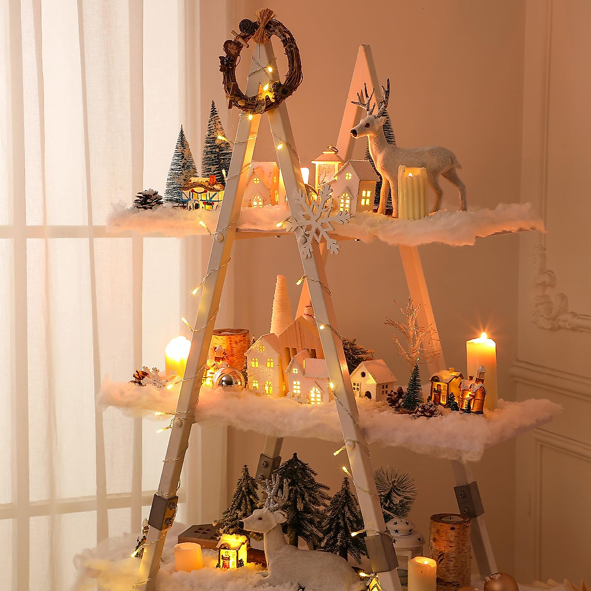 Quzzil Christmas Village Display Shelves 4 Tier Ladder Bookshelf A Shaped Bookcase with Artificial Snow Blanket Tall Wooden Ladder Shelf Storage Organizer for Living Room Home Office (White)