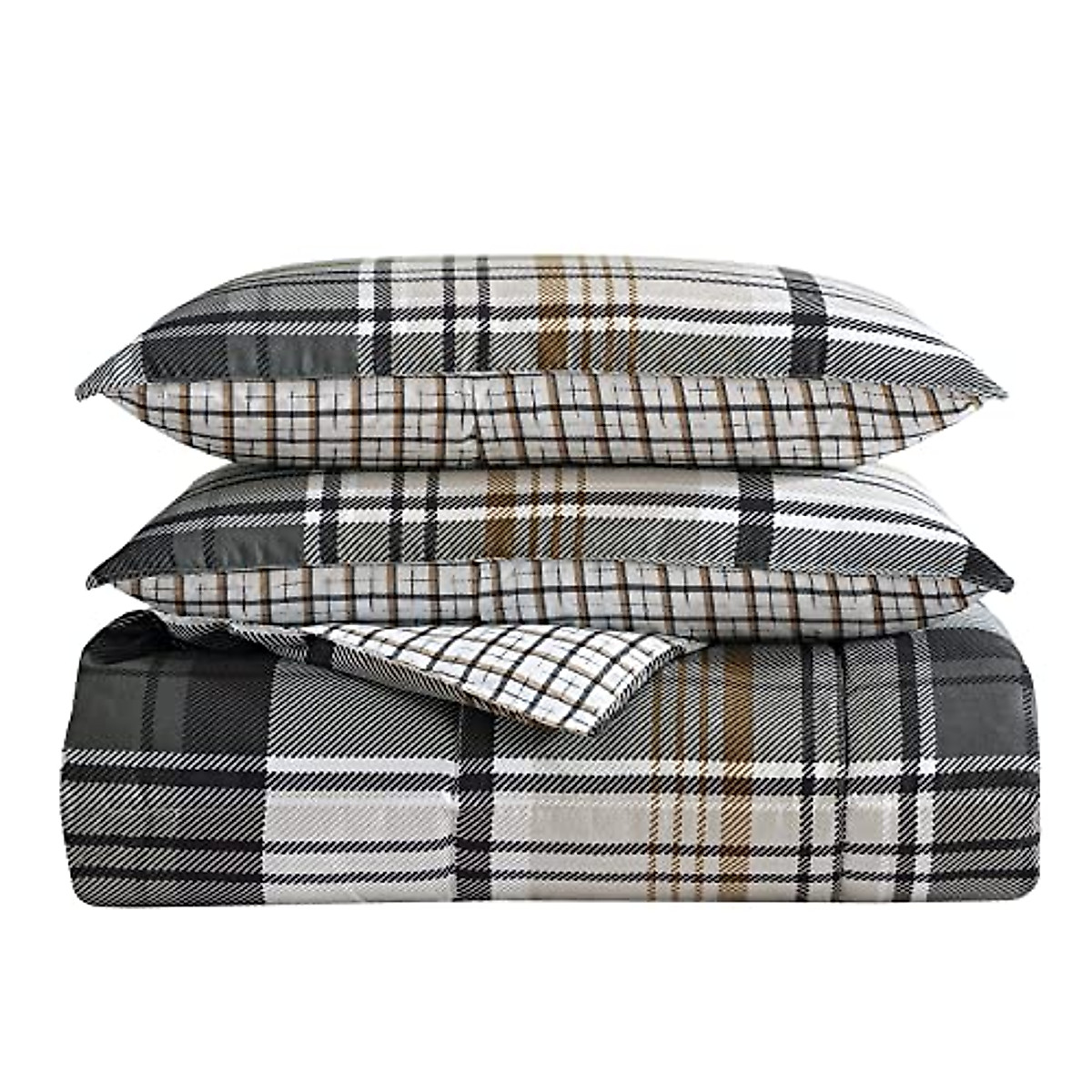 Eddie Bauer - Queen Comforter Set, Plaid Reversible Bedding, Stylish & Warm Home Decor (Normandy Grey, Queen),Grey/White/Beige