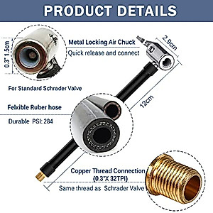 2PCs Air Inflator Hose Adapter Convert Twist On Connection to Lock On Connection, Locking Air Chuck with Air Hose and Standard Tire Valve Fine Thread