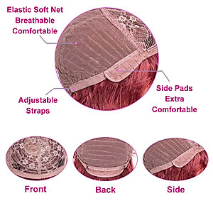 RemyAeki Red Wavy Wigs with Bangs for Women, Short Curly Bob Wigs Medium Shoulder Length, Burgundy Wine Red Synthetic Wigs Natural Looking 14 Inch