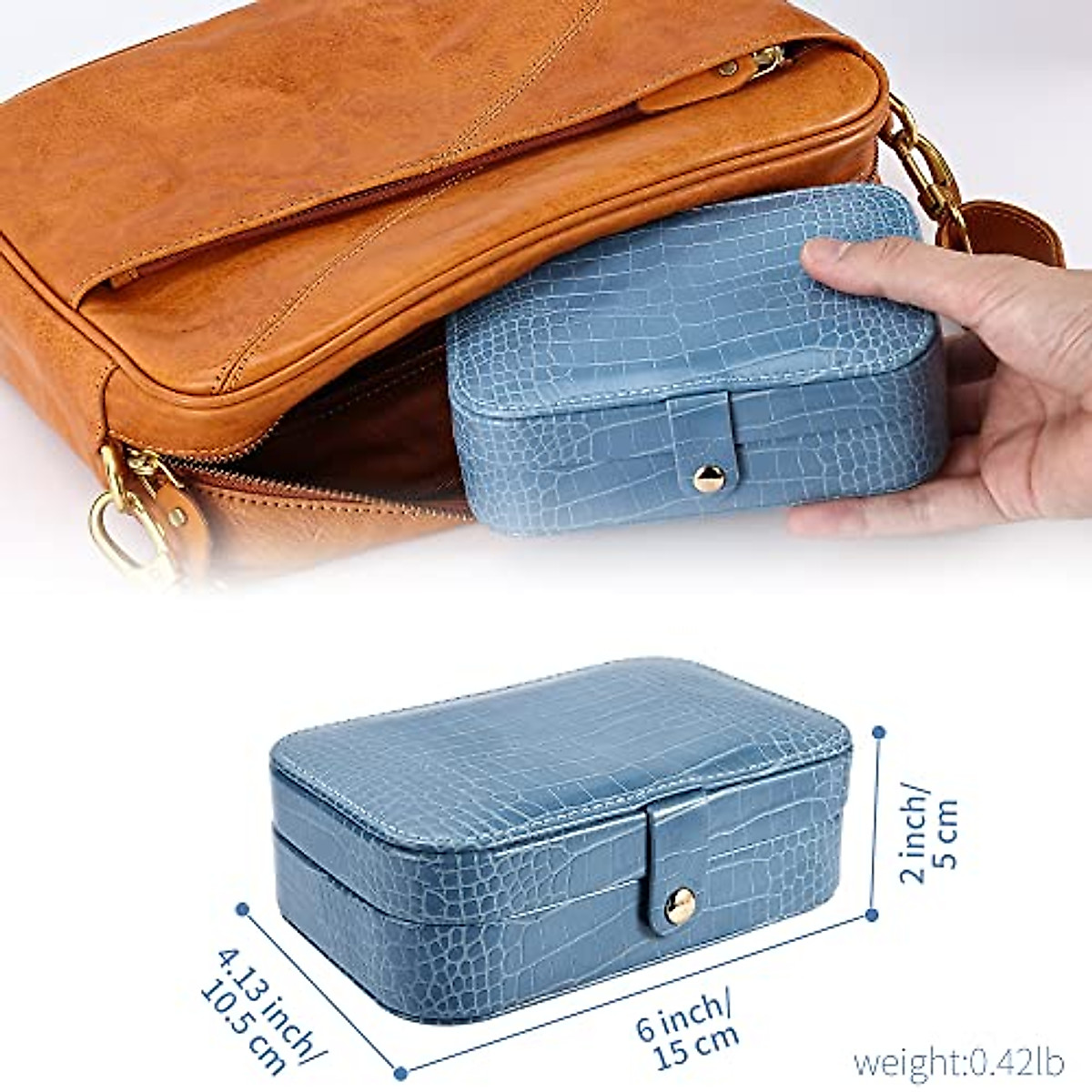 Dajasan Mini Jewelry Travel Case, Portable Travel Jewelry Box, Small Leather Jewelry Organizer Box for Earrings Bracelets Rings Necklace (Blue)
