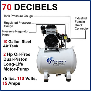 California Air Tools 10020CHAD Ultra Quiet & Oil-Free 2.0 Hp, 10.0 Gal. Steel Tank Air Compressor with Auto Drain Valve