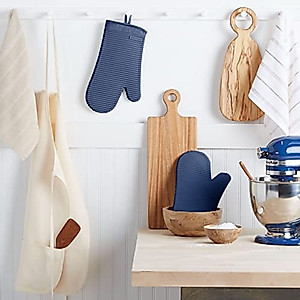 KitchenAid Ribbed Soft Silicone Oven Mitt Set, Blue Willow 2 Count & Albany Kitchen Towel 4-Pack Set, Cotton, Blue Willow/White, 16"x26"