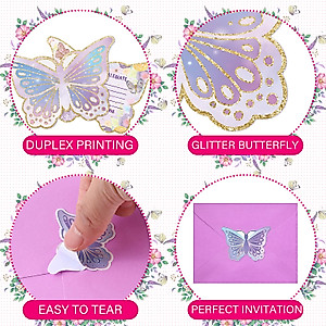 Hotop 24 Sets Mermaid Birthday Invitations with Envelopes and Mermaid Stickers Glitter Butterfly Invitations for Kids Birthday Party Baby Shower Mermaid Themed Party Supplies Pool Party (Butterfly)