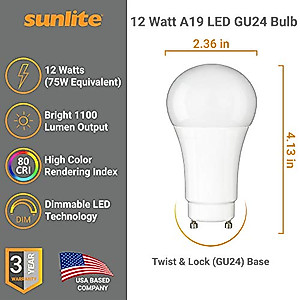 Sunlite 88254 LED A19 Light Bulb 12 Watts (75W Equivalent) 1100 Lumens, GU24 Twist and Lock Base, Dimmable, UL Listed, Energy Star, 2700K Warm White, 1 Count