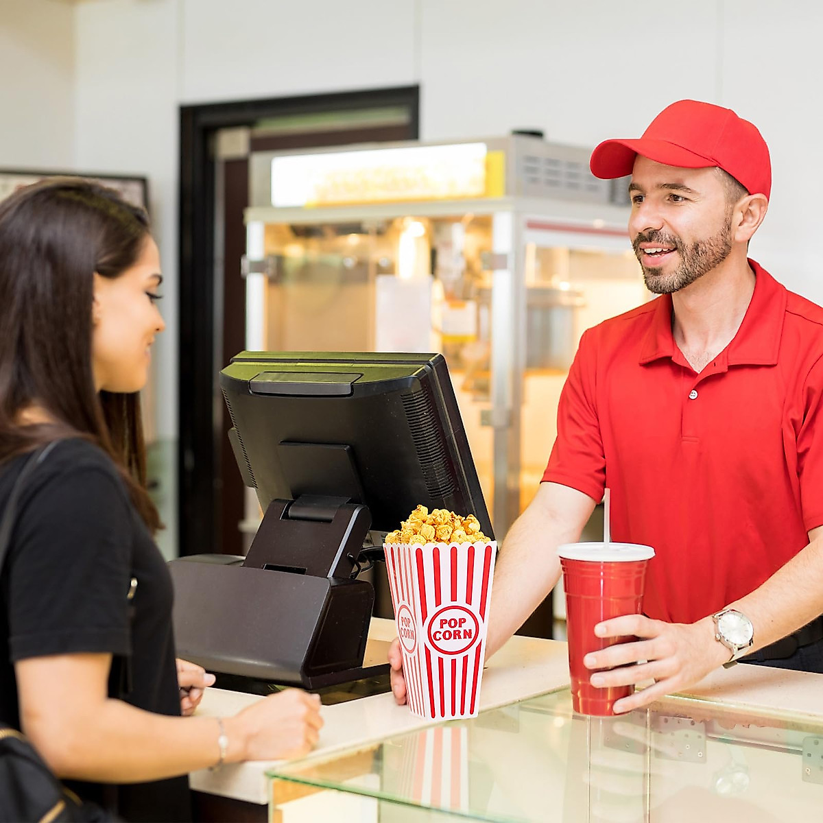 Plastic Popcorn Boxes Reusable Open Top Popcorn Containers Red and White Striped Popcorn Buckets Bulk for Movie Night, Classic Retro Style, 7.7 x 3.9 x 2.4 Inch (50 Pcs)