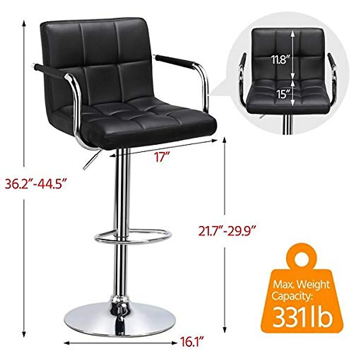 Yaheetech 4pcs Adjustable Bar Stools Kitchen Counter Barstools Bar/Counter Height Stool Chairs PU Leather Hydraulic Swivel Dining Chair with Armrest, Black