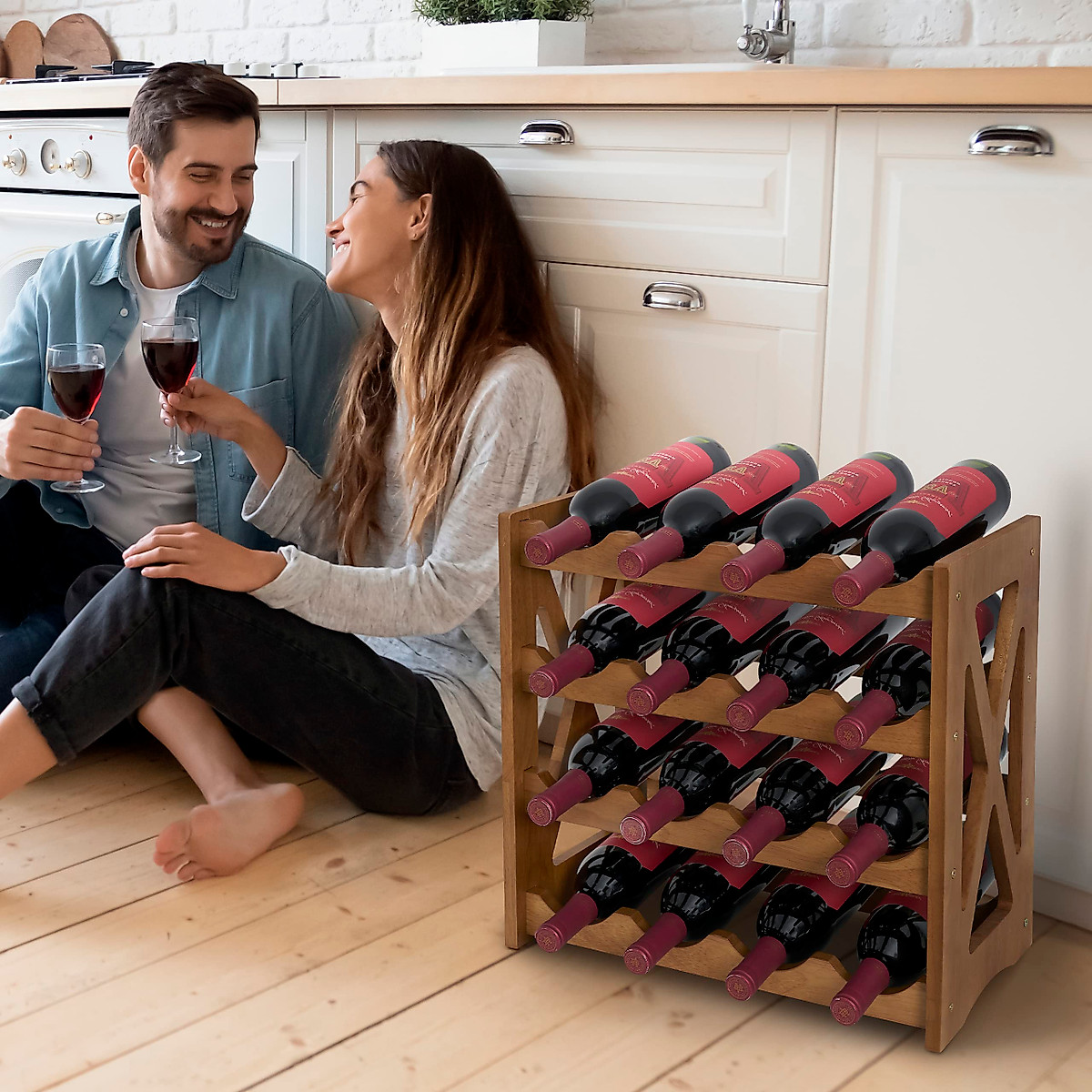 NHZ Wine Rack freestanding Floor, Wooden Wine Rack, Sturdy and Durable Wine Storage Cabinet Shelf, Wine Racks Countertop - 4 Tiers 16 Bottle Wine Holder for Kitchen, Pantry, Cellar.
