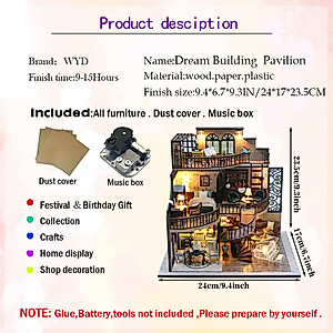 WYD Mini Doll House Kit Dream Building Pavilion Building Model DIY Mini Wooden Furniture Kit LED Lights Dust cover and Music Box Exquisite Decorations Creative Room Creative Gifts