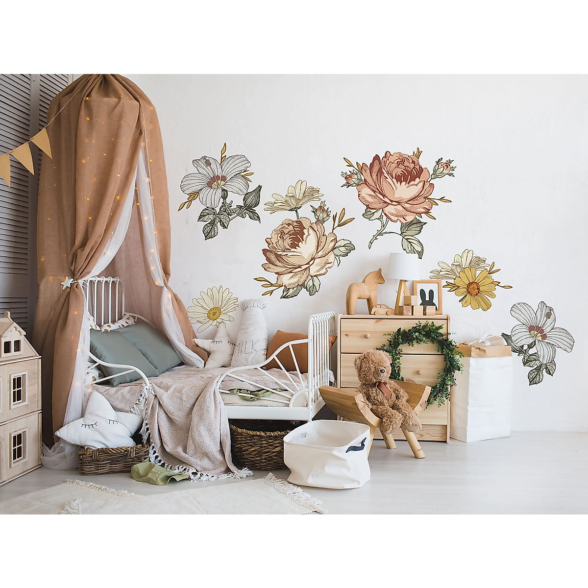 Murwall Kids Floral Wall Decal Soft Vintage Peony Flower Wall Sticker