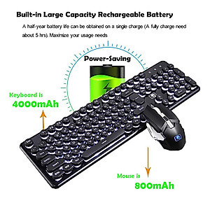 Gaming Keyboard and Mouse,Soke-Six 2.4G Wireless Retro Punk Typewriter-Style Backlit Keyboard Mice Combo,4800mAh Battery,Mechanical Feel,Anti-ghosting,Crystal Panel Round Keycaps (Black+White Light)