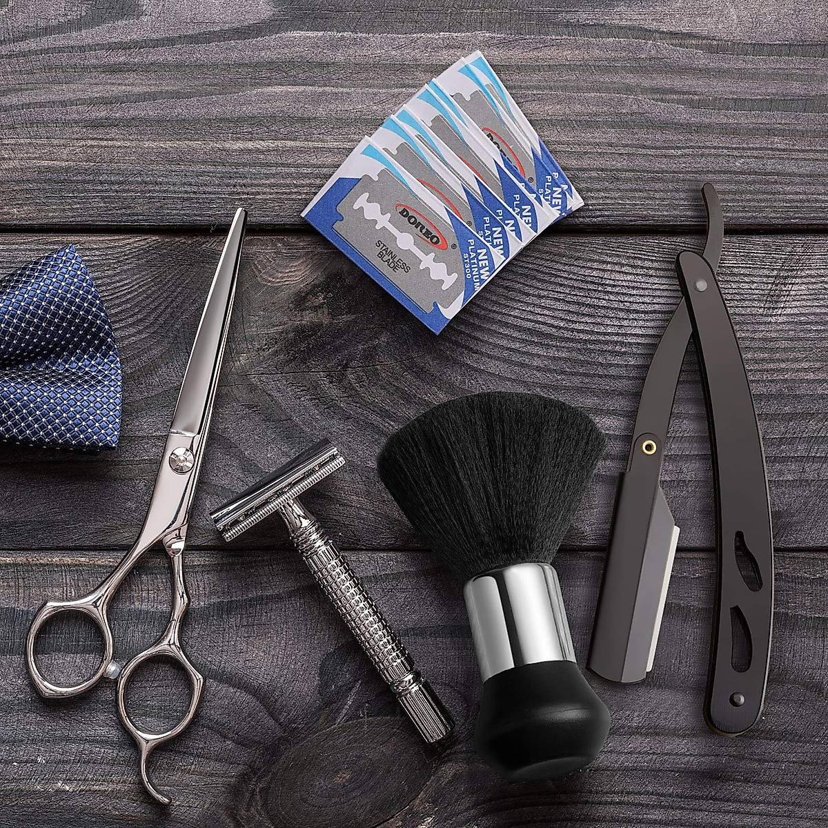 Barber Straight Razor Straight Edge Shaving Razor Manual Shaver with Neck Duster Brush and 40 Pieces Double Edge Blades for Hair Salons