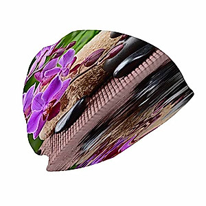WONDERTIFY Zen Basalt Stones Orchid Knit Hat Bamboo Black Pebble Rock Beanie Hats for Men Women Warm, Soft & Stretchy Daily Ribbed Baggy Skull Cap Oversize