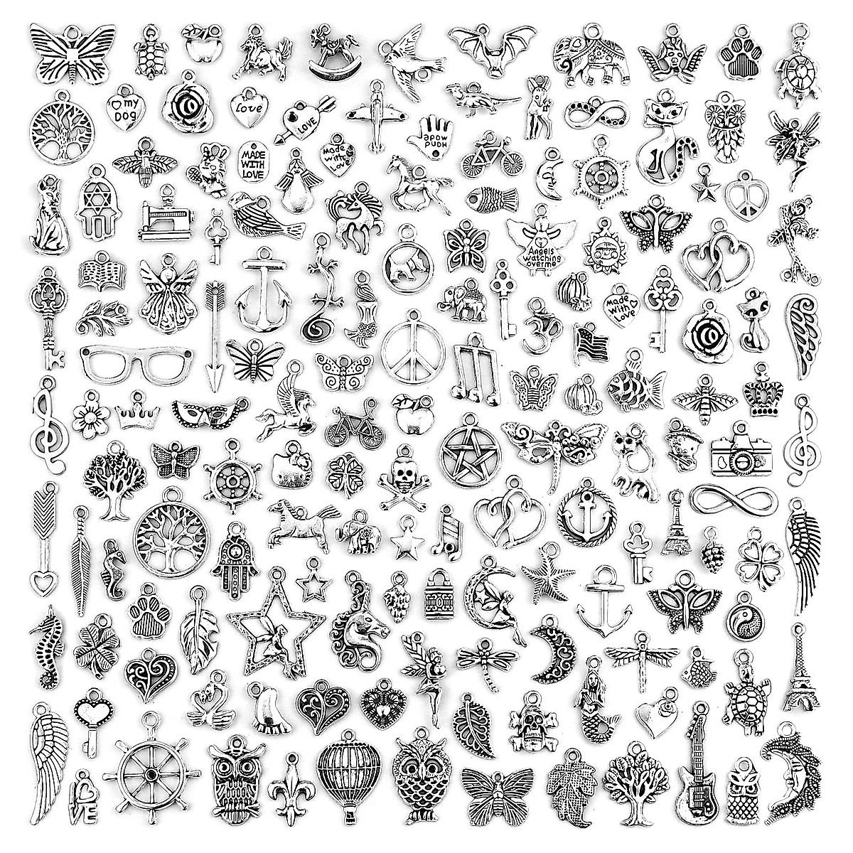 JIALEEY 200 PCS Wholesale Bulk Lots Jewelry Making Charms Mixed Smooth Tibetan Silver Metal Charms Pendants DIY for Necklace Bracelet Jewelry Making and Crafting