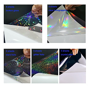 25 Sheets A4 Size (8.25”x11.7“）Holographic Sticker 5 Styles Mixed Clear Adhesive Laminted Film Holographic Overlay No need Machine